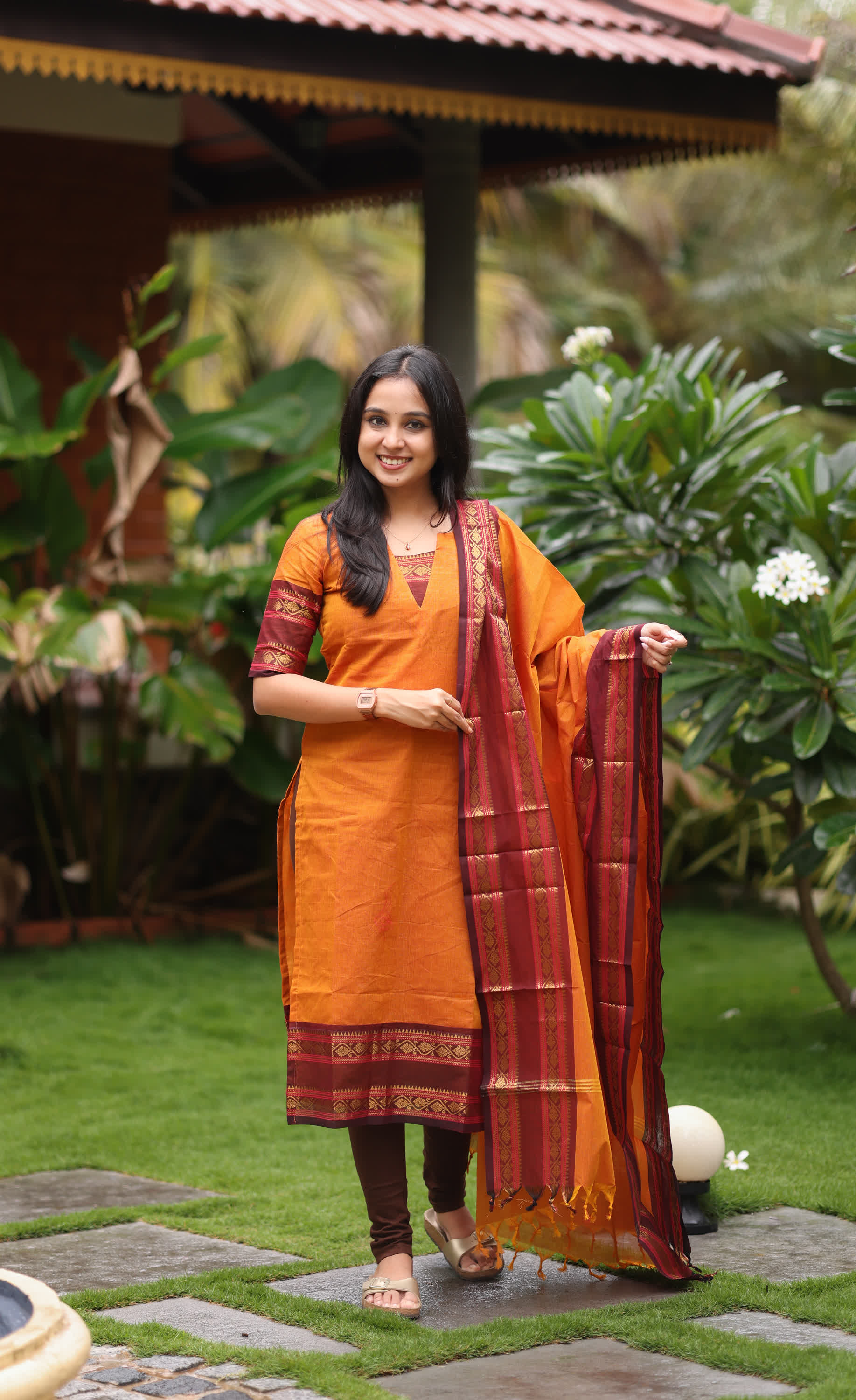 Meera Two-tone Orange with Dark Maroonish Brown Chettinad Cotton Salwa ...