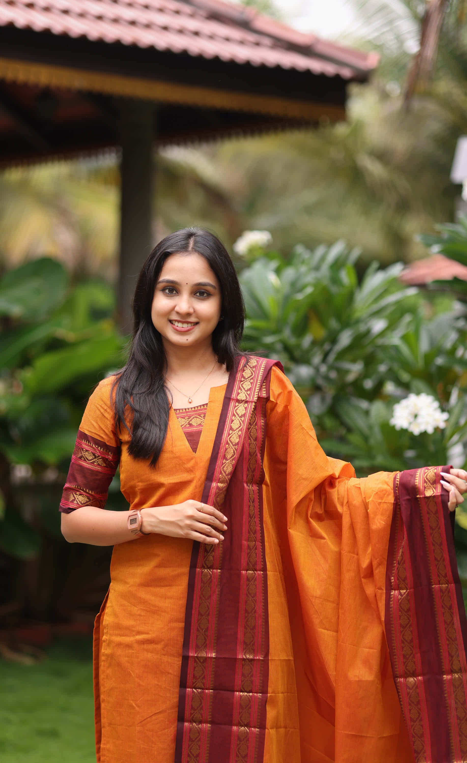 Meera Two-tone Orange with Dark Maroonish Brown Chettinad Cotton Salwa ...