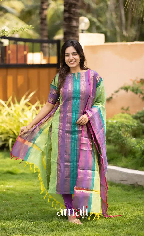 Meera Leaf Green with Purple Chettinad Cotton Salwar – Amali Salwars