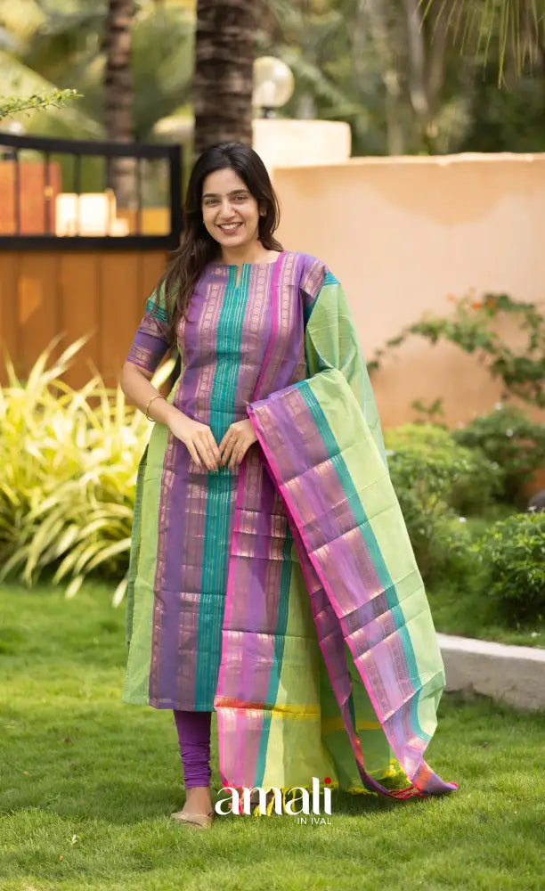 Meera Leaf Green with Purple Chettinad Cotton Salwar – Amali Salwars