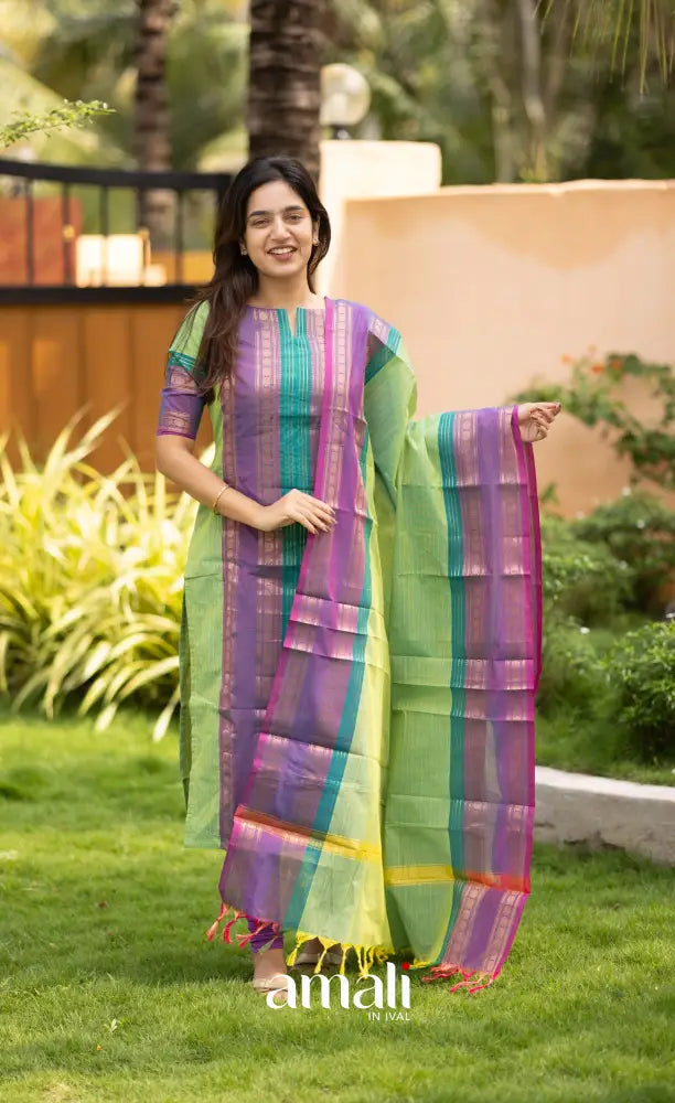 Meera Leaf Green with Purple Chettinad Cotton Salwar – Amali Salwars